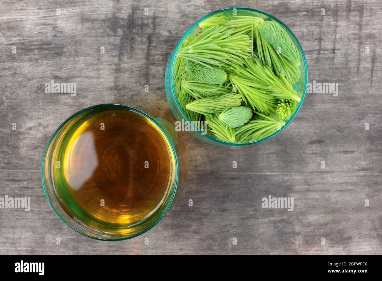 Spruce Tips tea in glass on wood table. Close up of conifer young green ...
