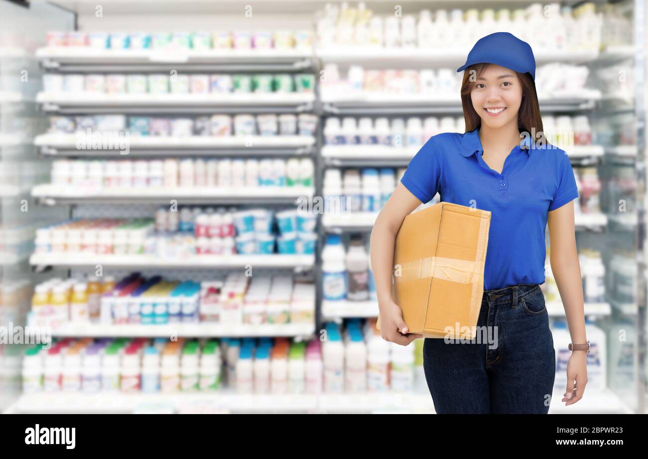 blue tone happy delivery service from to customer from asian woman ...