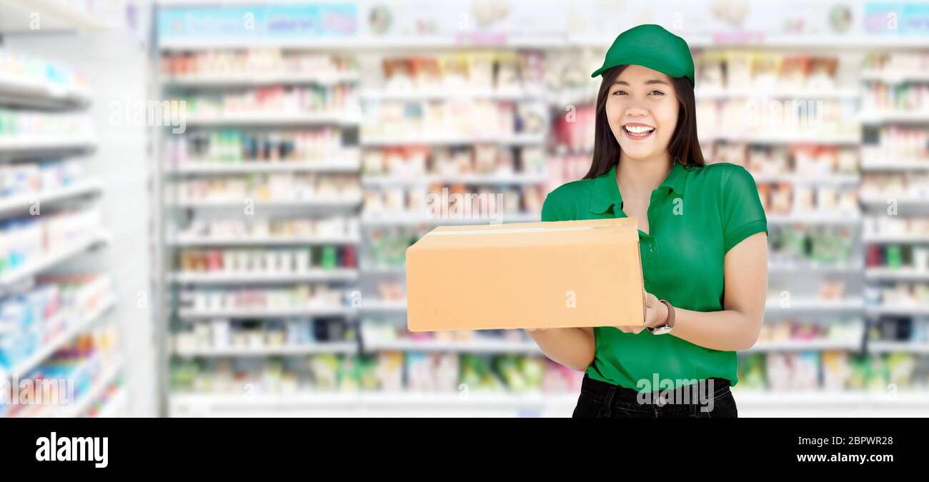 happy delivery service from merchandis to customer from asian woman ...