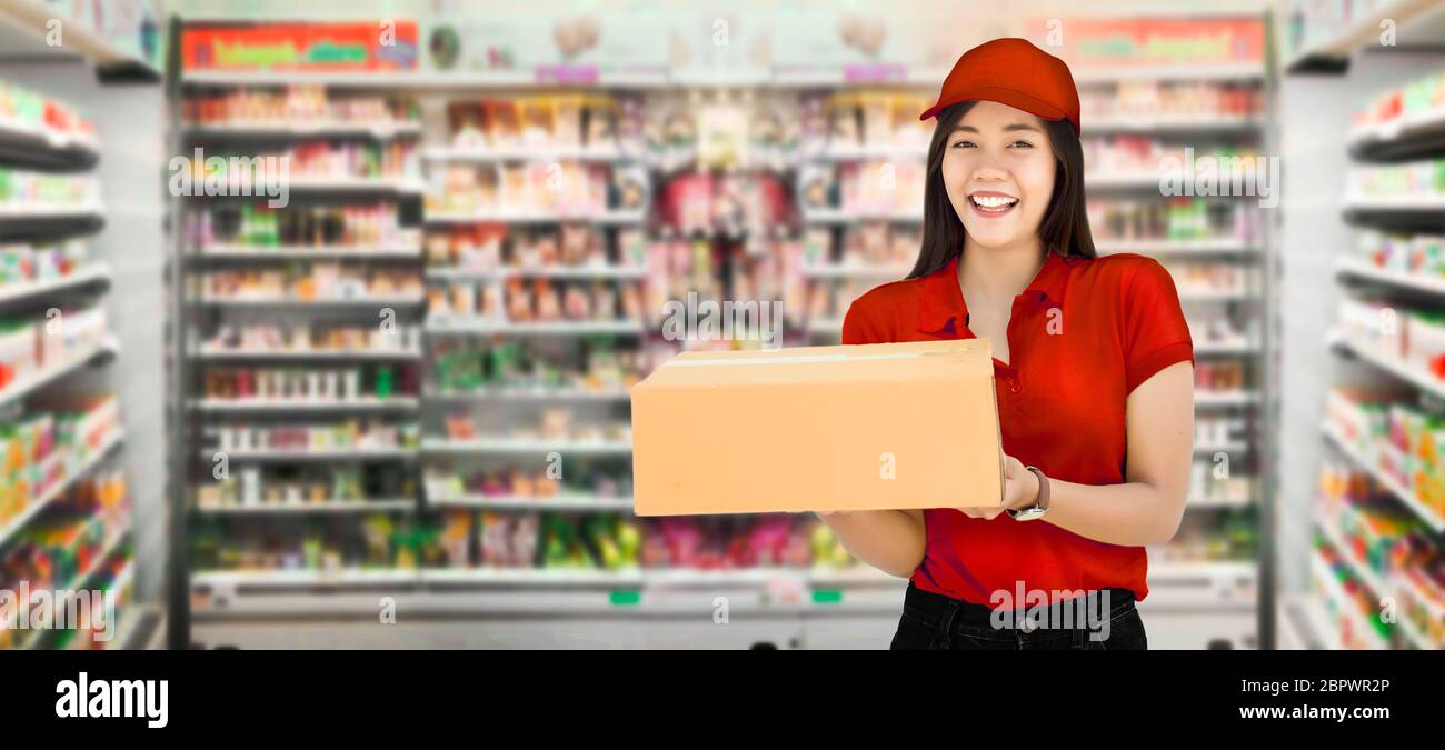 happy delivery service from merchandis to customer from asian woman ...