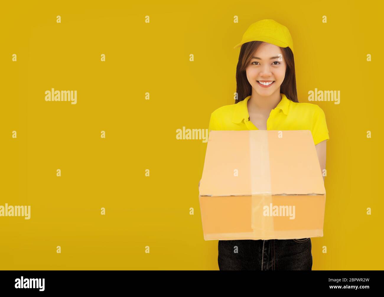 yellow tone happy delivery service from to customer from asian woman ...