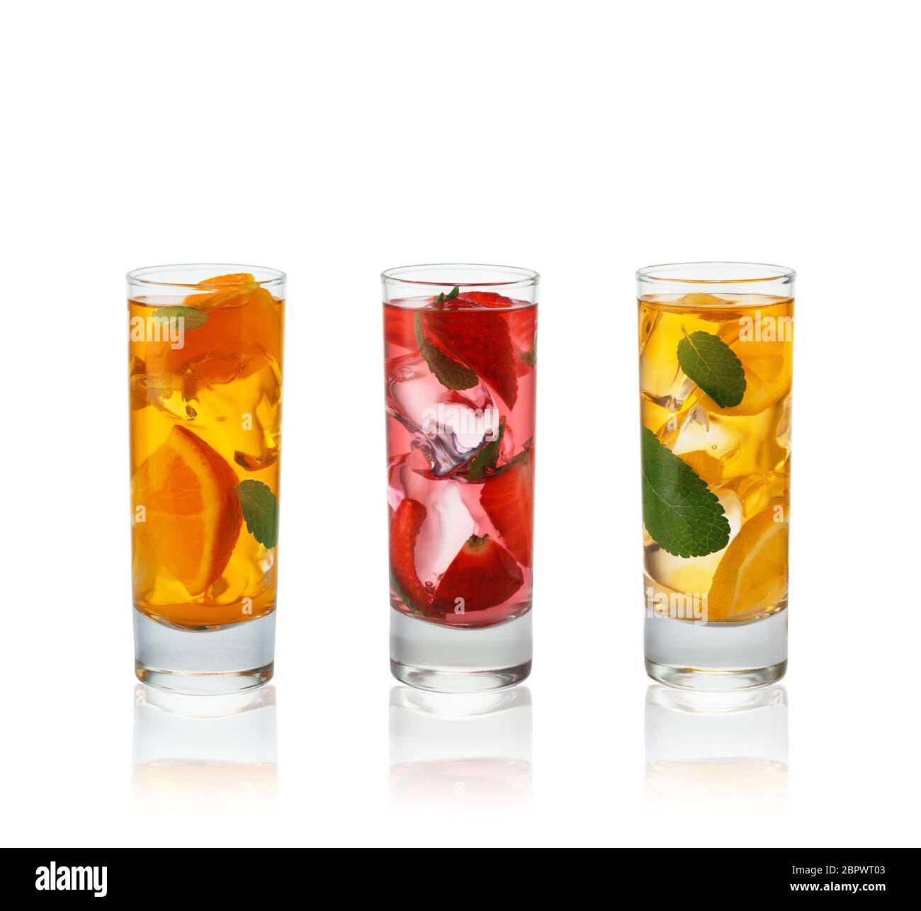 Fresh natural fruit cocktails with straw on white background Stock ...