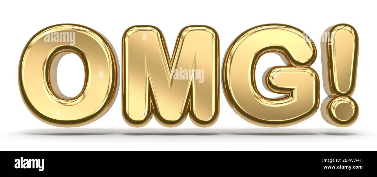OMG golden text 3D rendering illustration isolated on white background ...