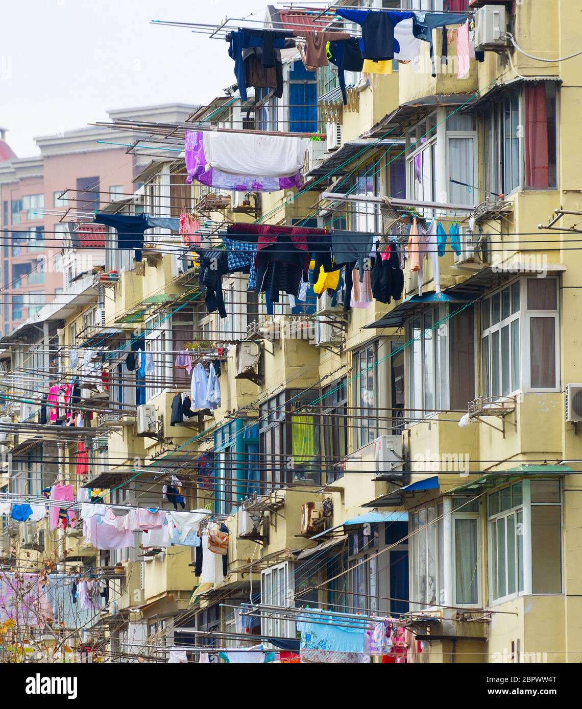 Shanghai living district. Clothes drying in typical Shanghai way. China ...