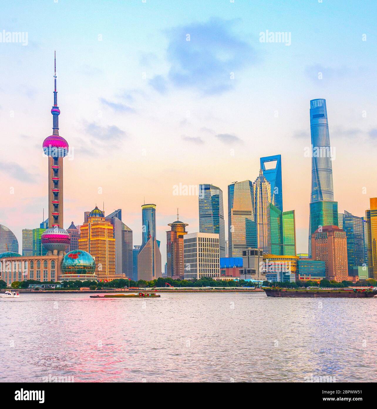 Shanghai metropolis skyline with modern architecture on river bank with ...