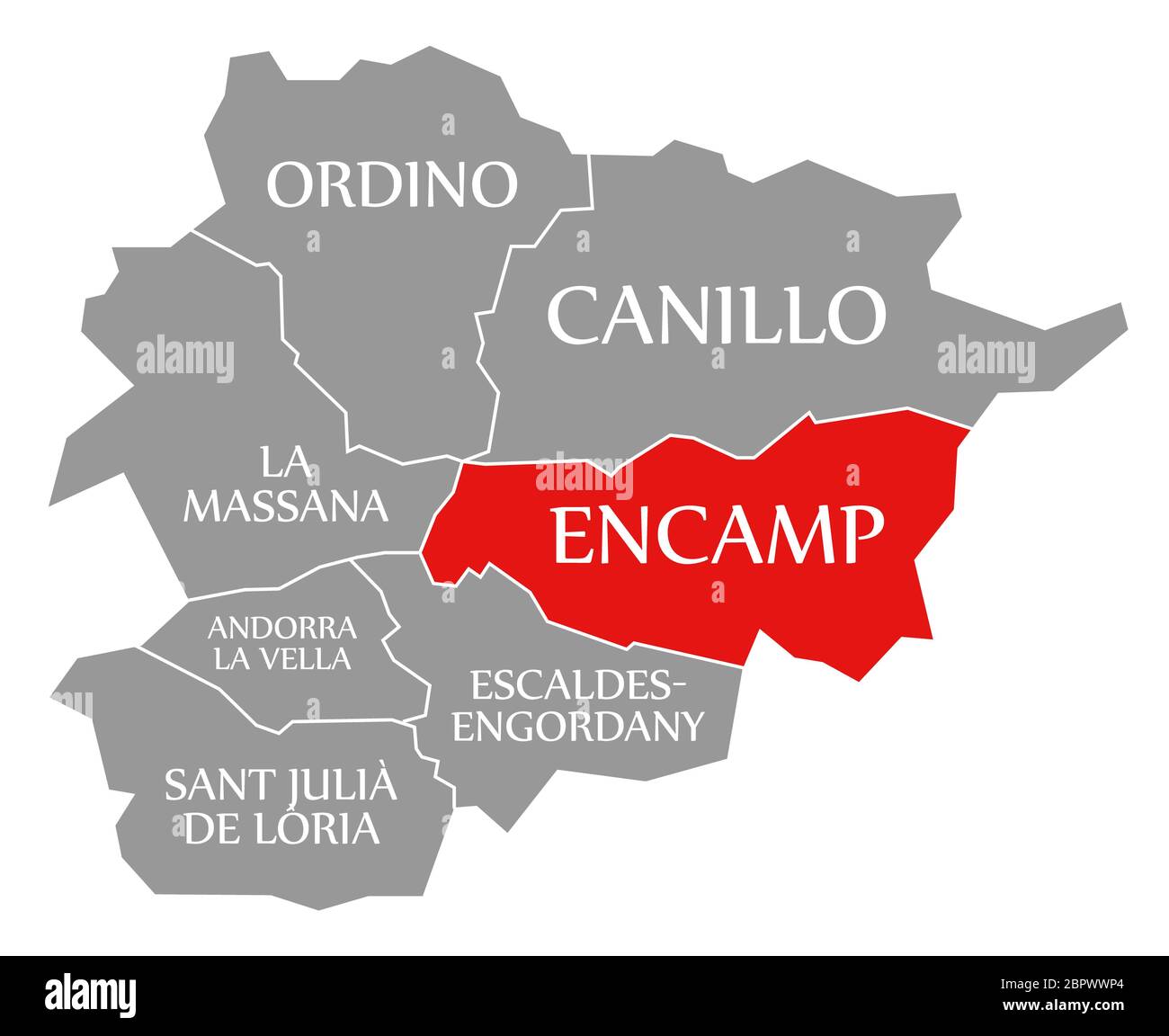 Encamp red highlighted in map of Andorra Stock Photo - Alamy