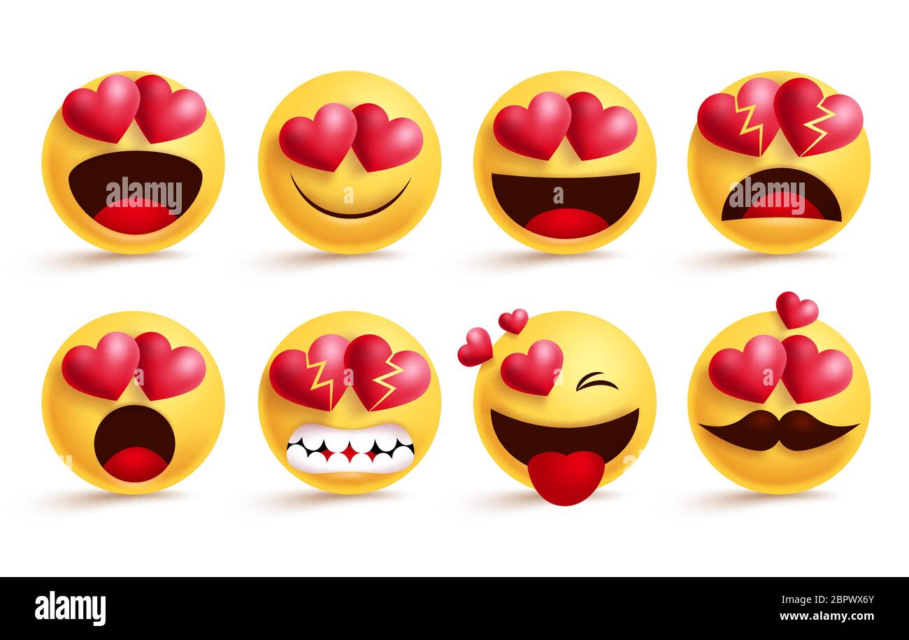 Emoji with love hearts vector set. Emojis and valentine heart emoticon ...