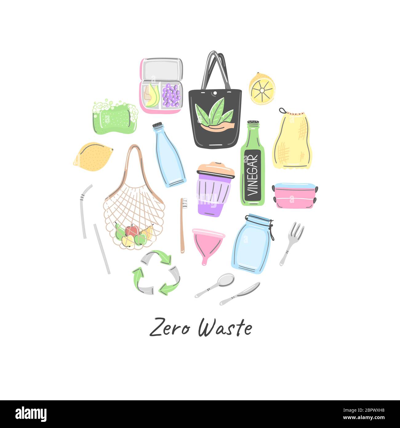 Hand drawn zero waste objects in round shape. Eco lifestyle. Save ...
