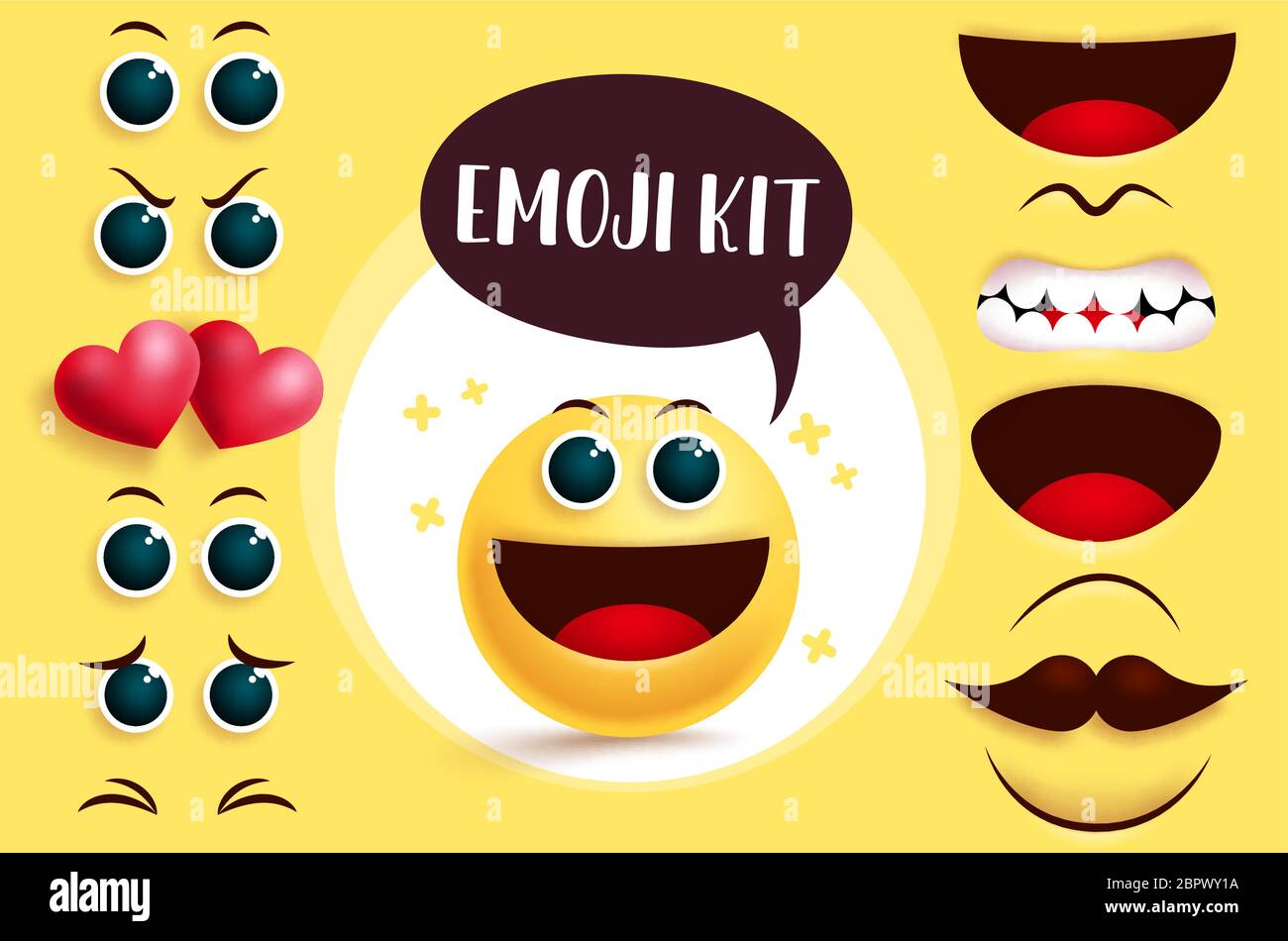 Emoji vector creation kit. Emoji with editable cute yellow face, eyes ...