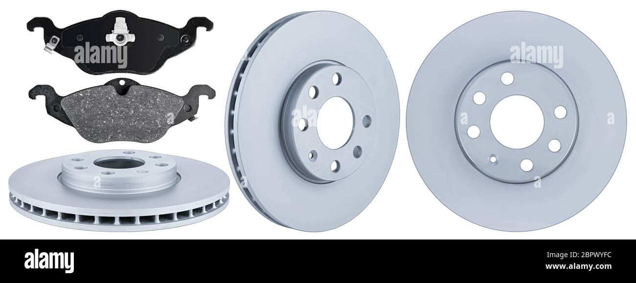 set collection of automotive car parts brake steel disc and pad ...