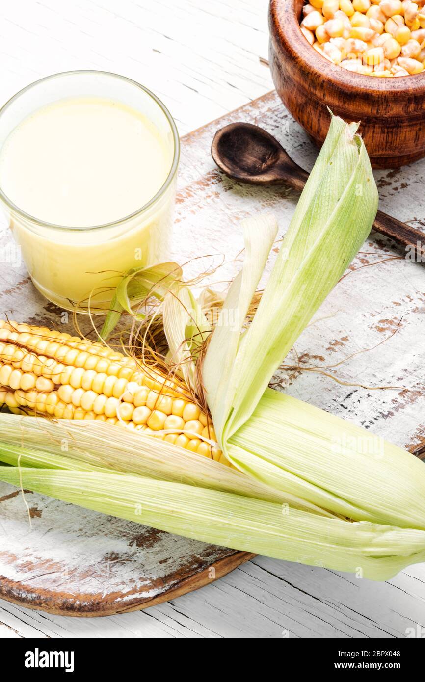 Fresh sweet corn juice.Corn milk.Healthy drink.Fresh sweet corn juice ...