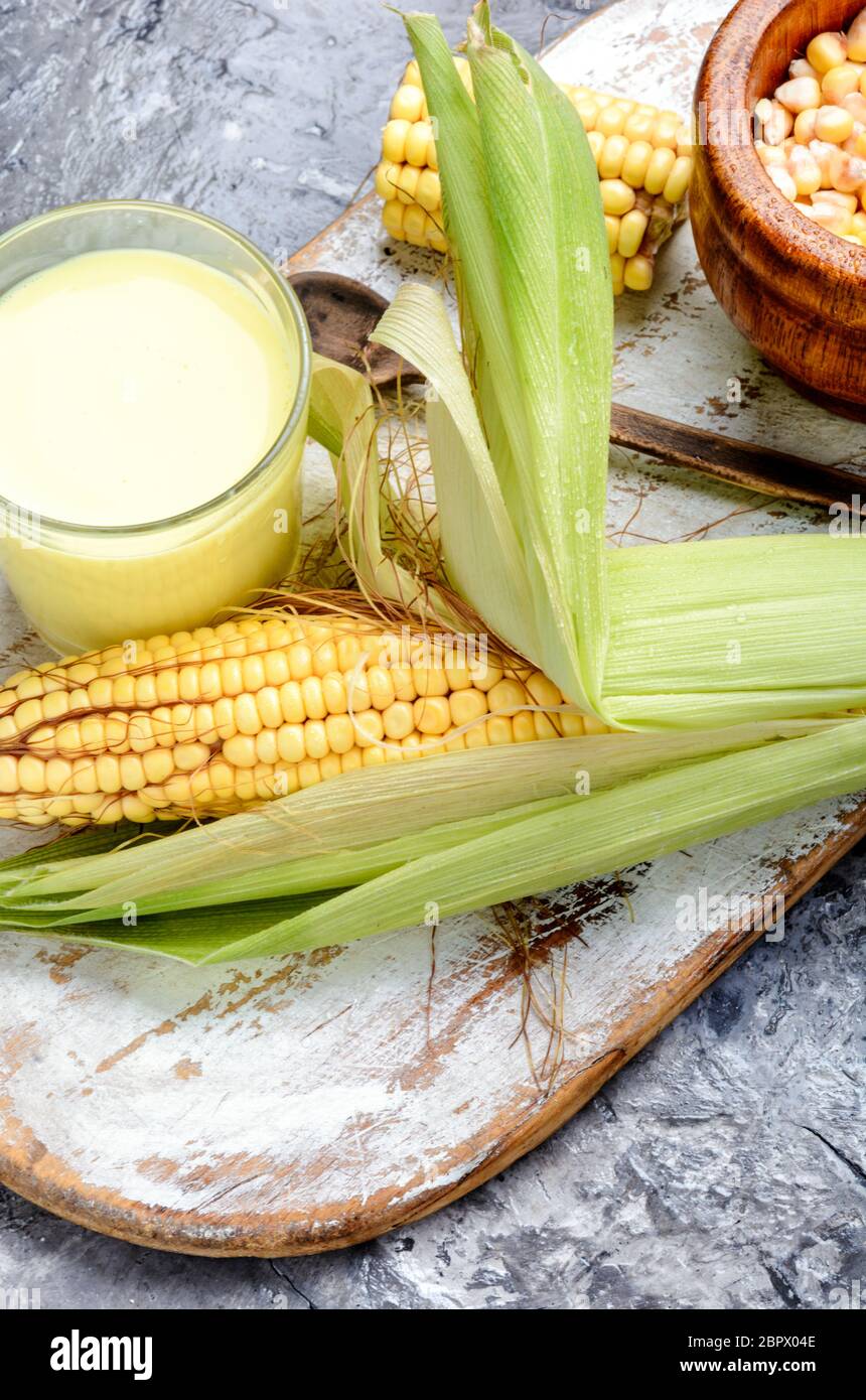 Sweet corn juice.Corn milk.Healthy drink.Fresh corn juice Stock Photo ...