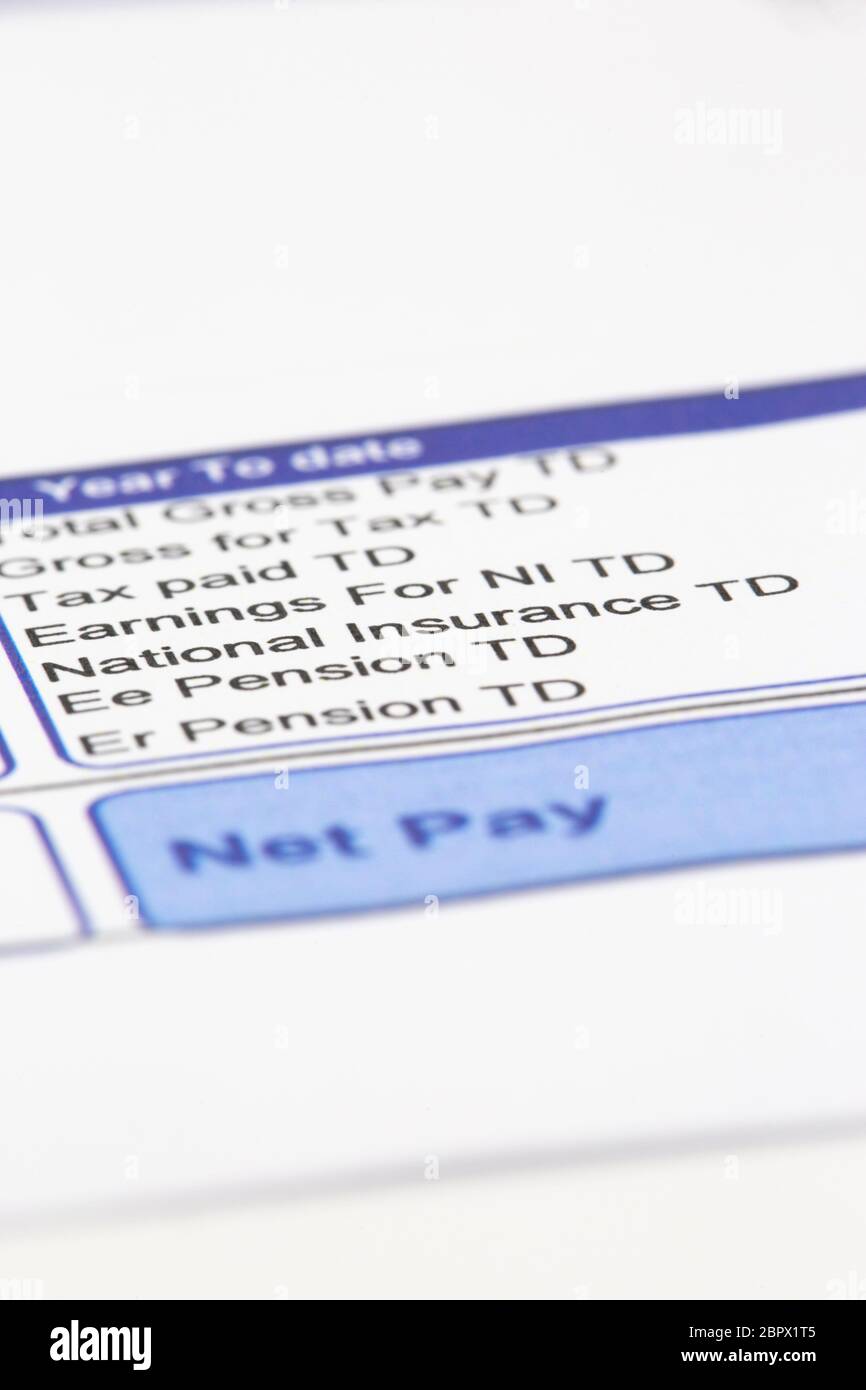 Wage pay slip showing pension, national insurance and tax earnings ...