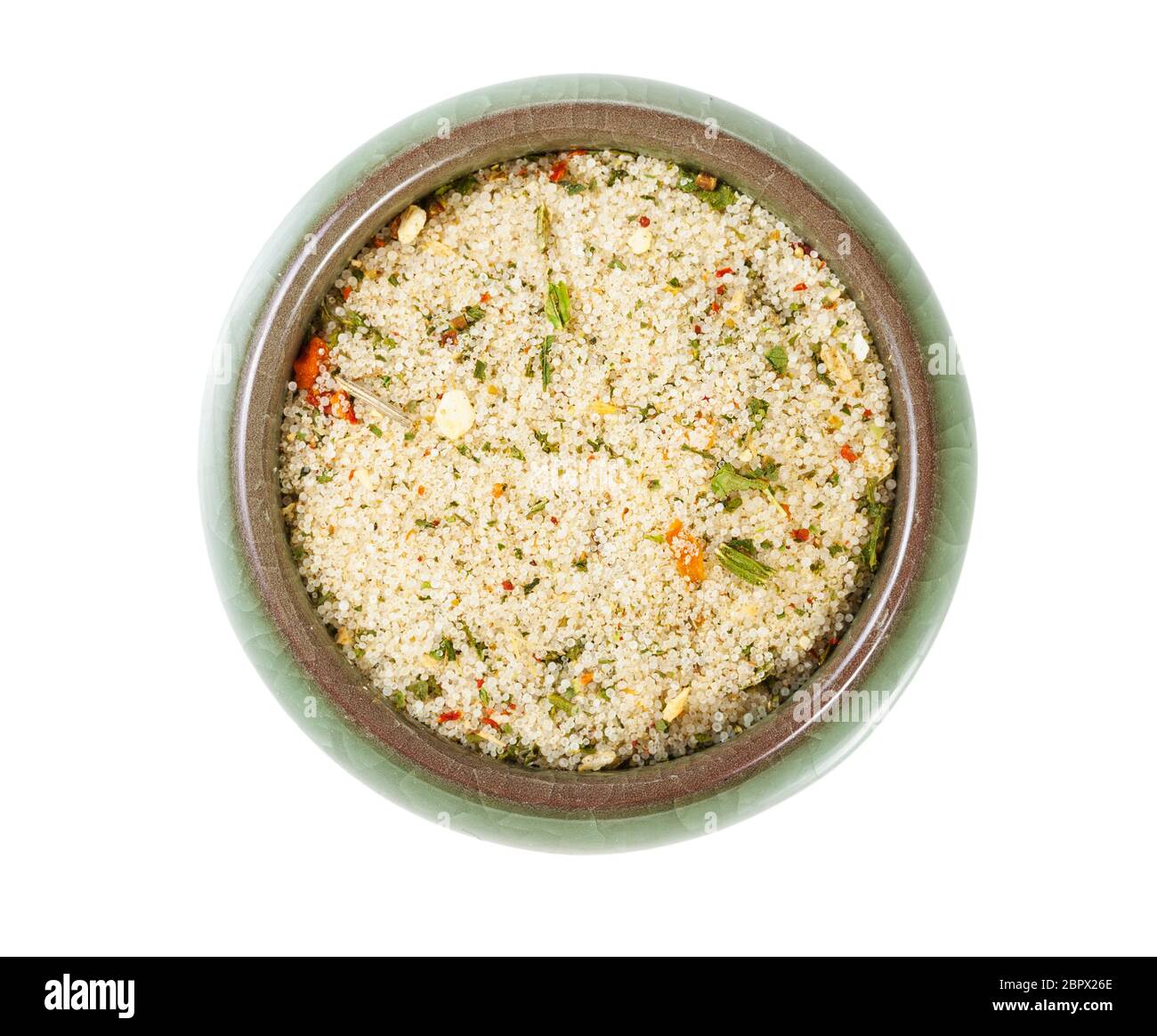 top view of ceramic salt cellar with seasoned salt with dried ...