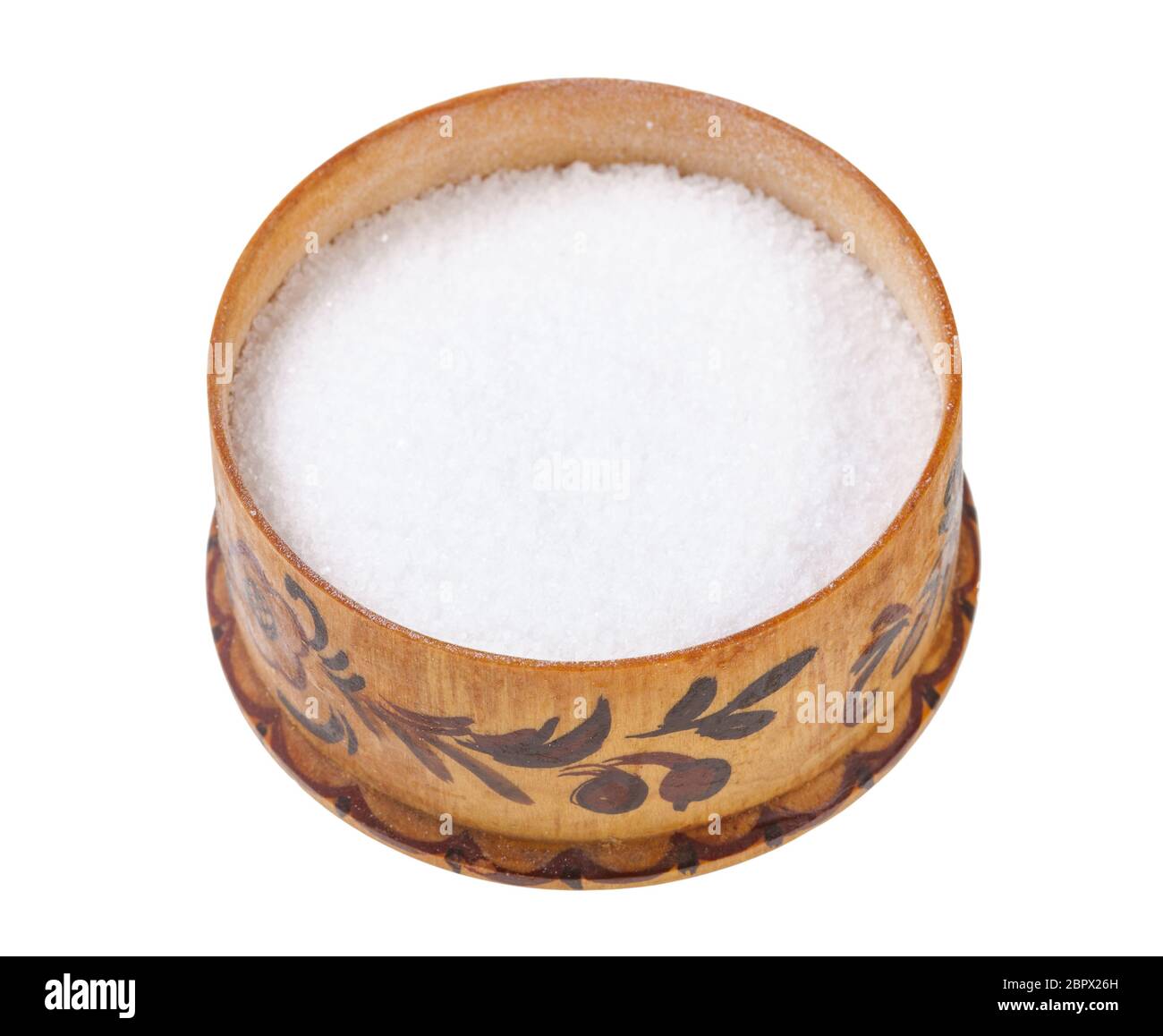 wooden salt cellar with fine ground Sea Salt isolated on white ...
