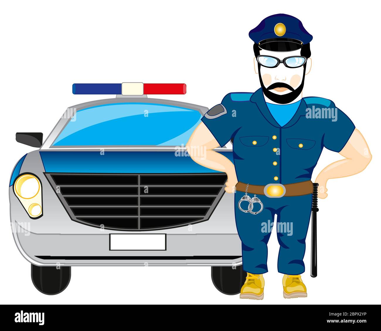 Cartoon police in form beside machines with flasher on white background ...