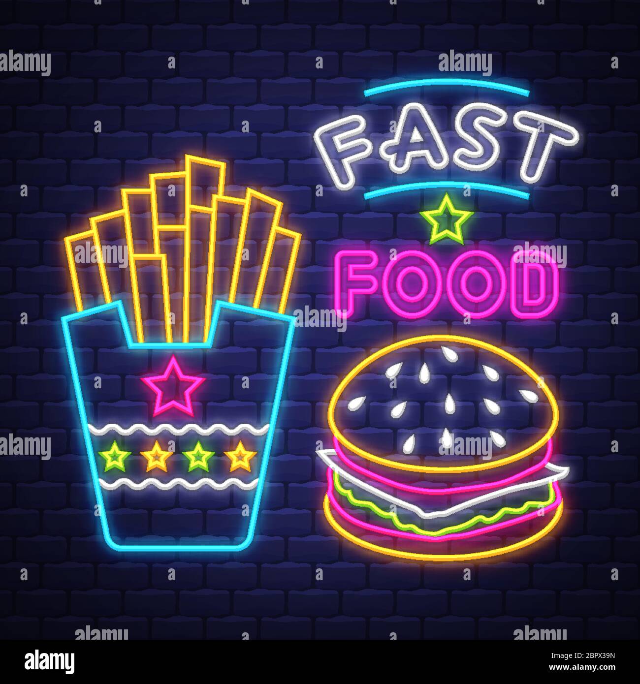 Fast Food - Neon Sign Vector. Fast Food - neon sign on brick wall ...