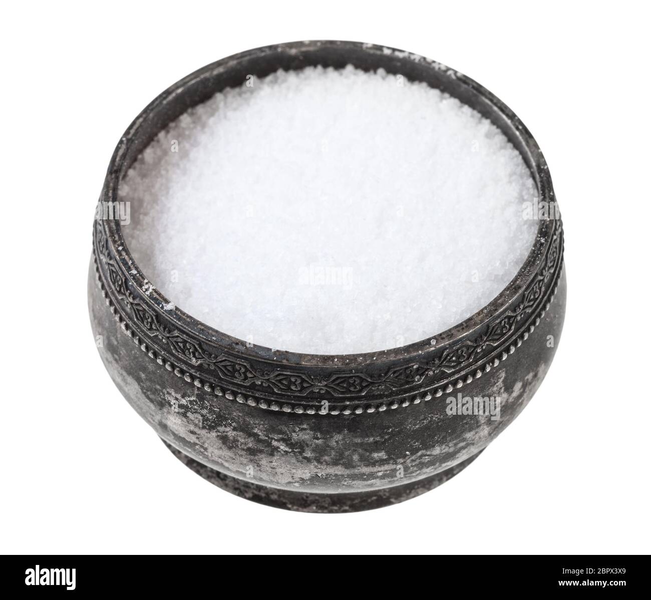 old silver salt cellar with fine ground Sea Salt isolated on white ...