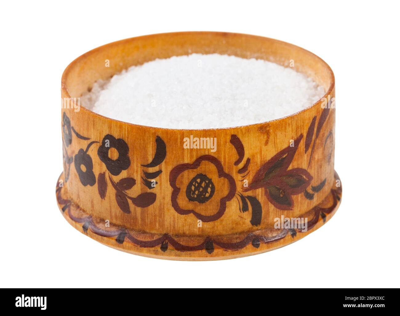 side view of wooden salt cellar with grained Rock Salt isolated on ...