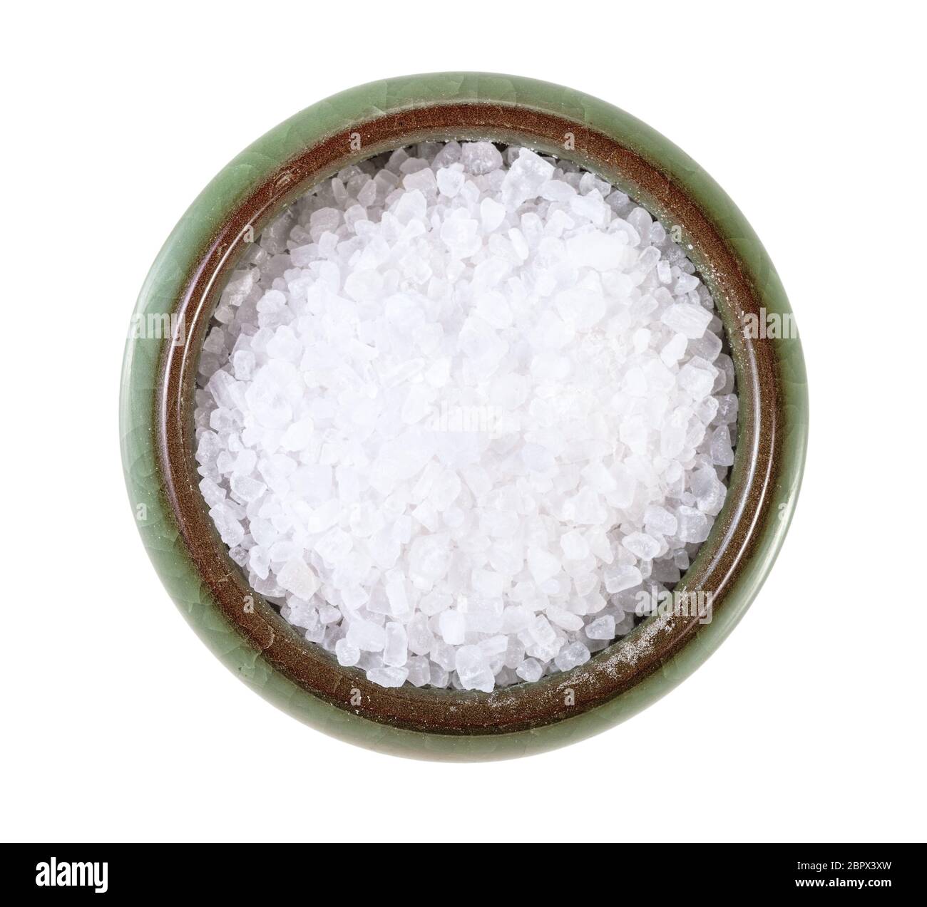 top view of ceramic salt cellar with coarse grained Sea Salt isolated ...