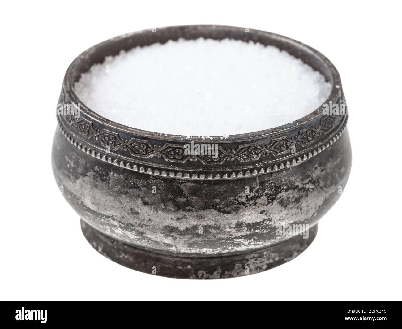 vintage silver salt cellar with fine ground Sea Salt isolated on white ...