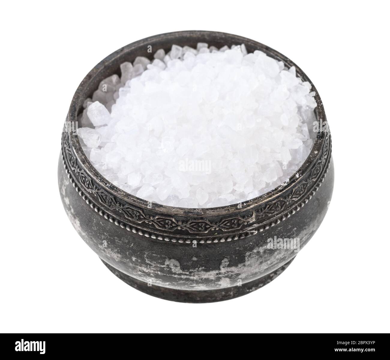 old silver salt cellar with coarse grained Sea Salt isolated on white ...