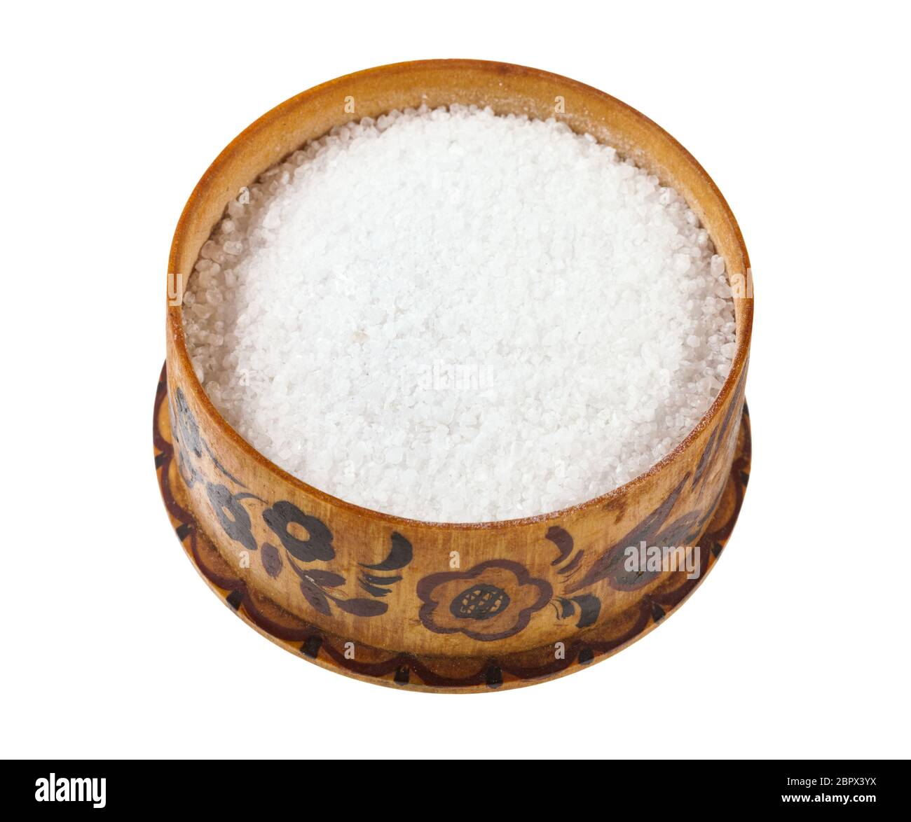 wooden salt cellar with grained Rock Salt isolated on white background ...