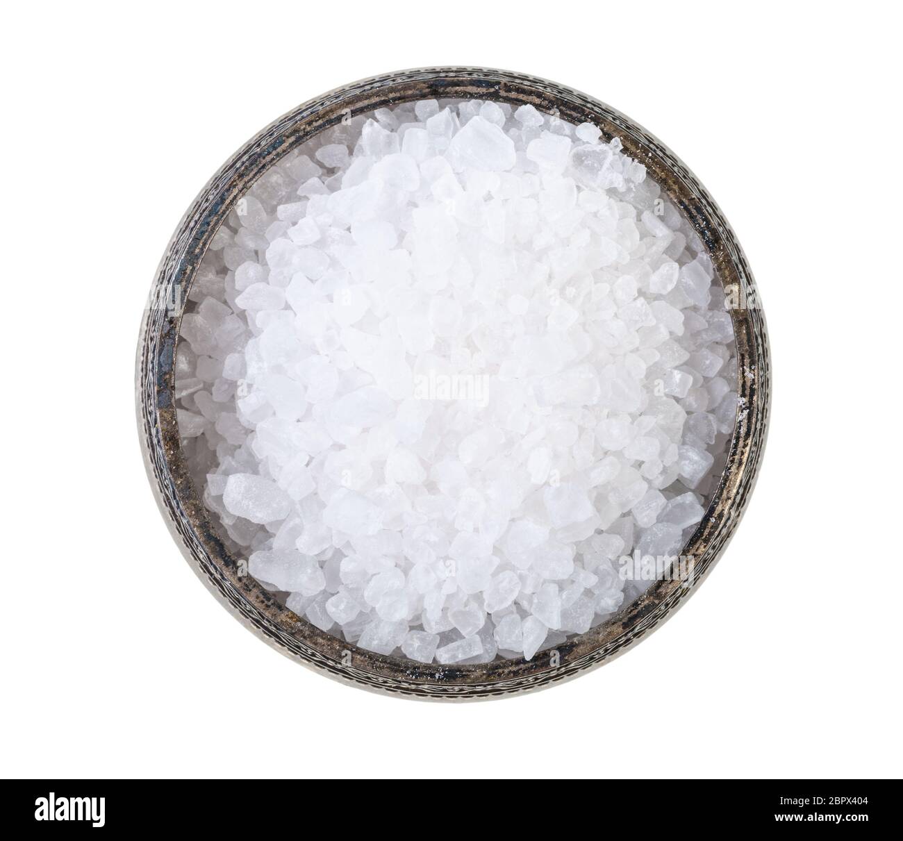 top view of old silver salt cellar with coarse grained Sea Salt ...