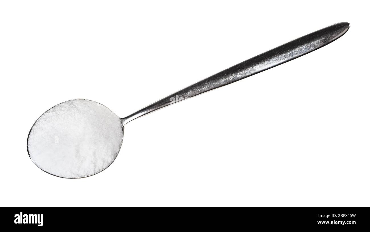 top view of tablespoon with fine ground Sea Salt isolated on white ...