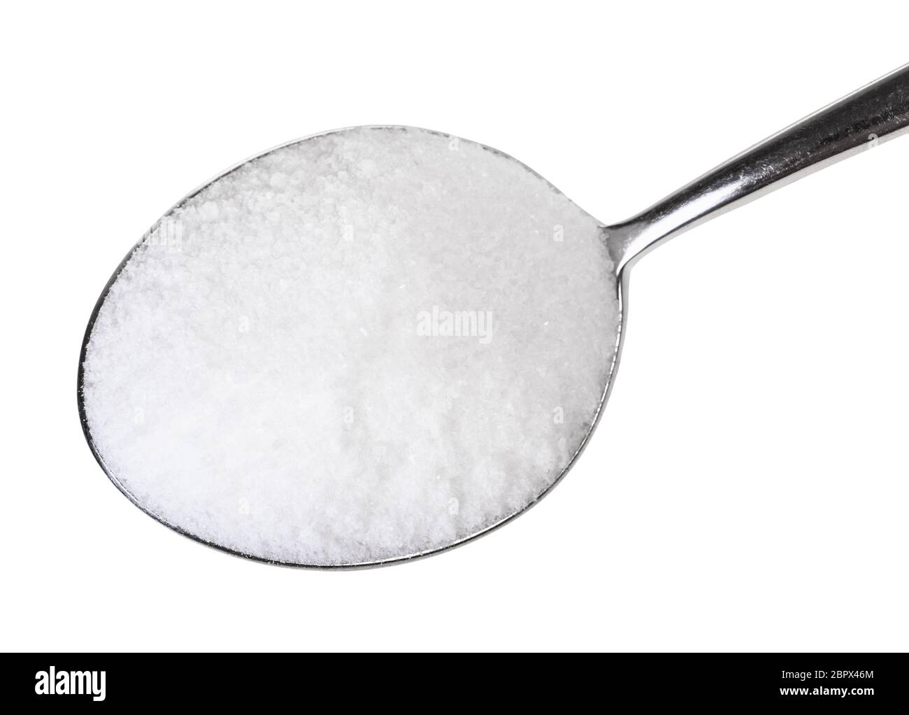 top view of tablespoon with fine ground Sea Salt close up isolated on ...