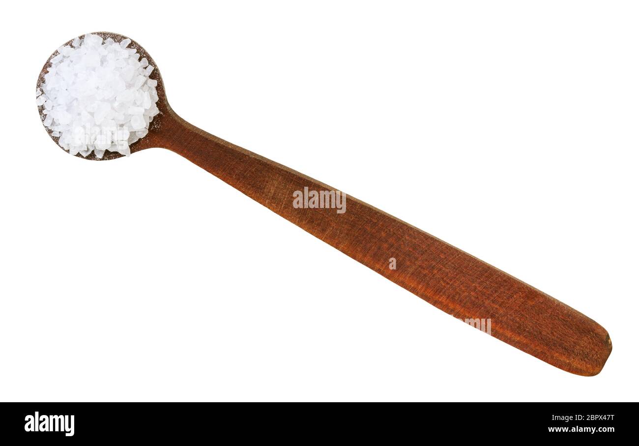 top view of wooden salt spoon with coarse grained Sea Salt isolated on ...