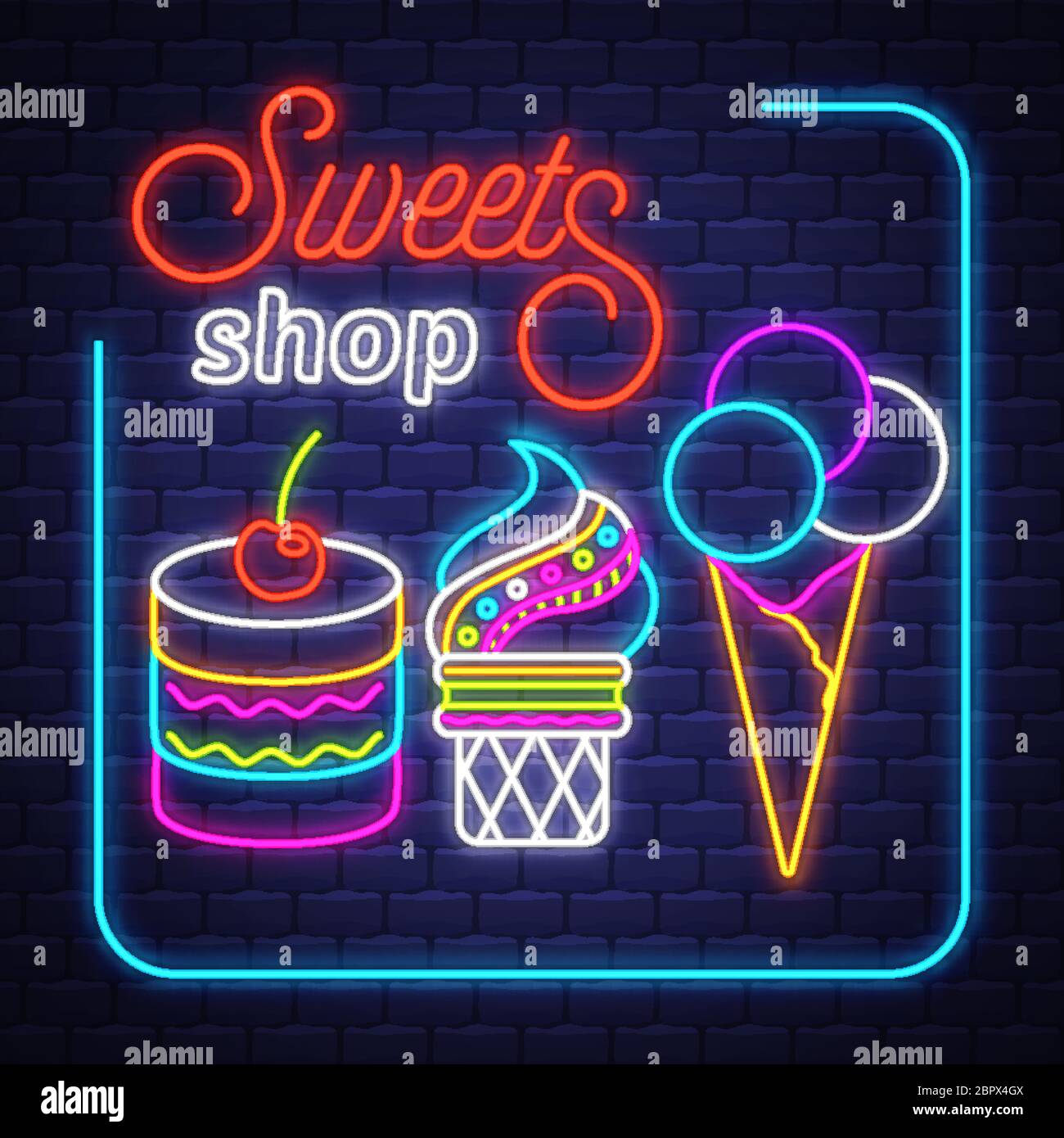 Sweets Shop- Neon Sign Vector. Sweets Shop - neon sign on brick wall ...