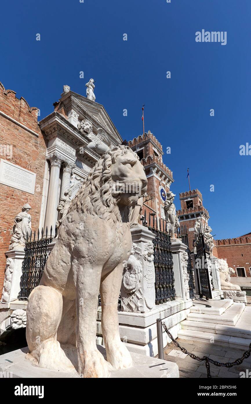 Venetian Arsenal, old shipyard, stone lion, Venice, Italy. Construction ...