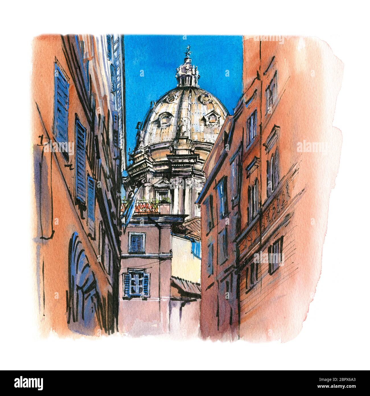 Watercolor sketch of Typical Italian street with church in Catania ...