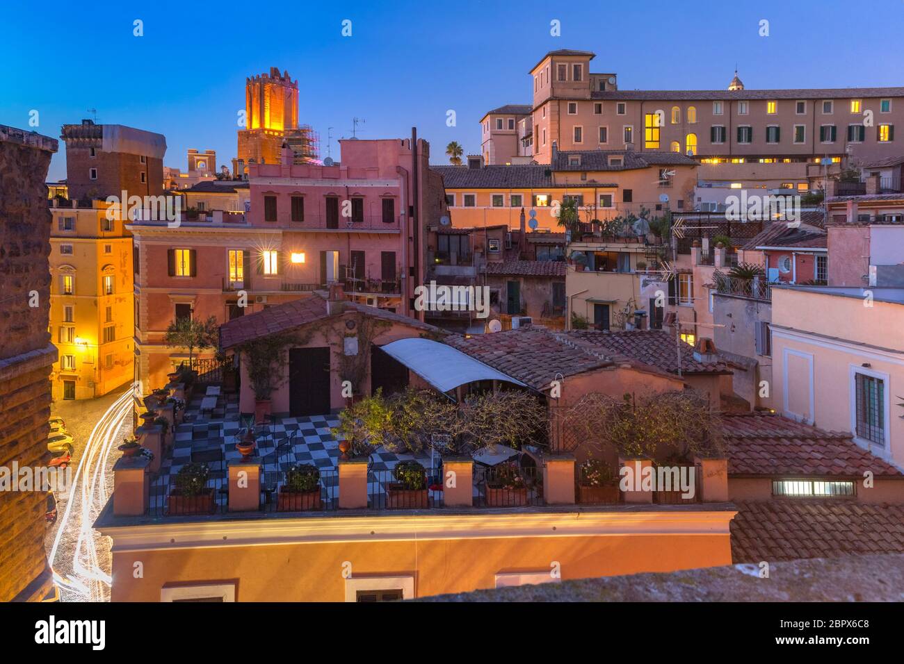 Aerial view of Old Town rooftops at night in Rome, Italy Stock Photo ...