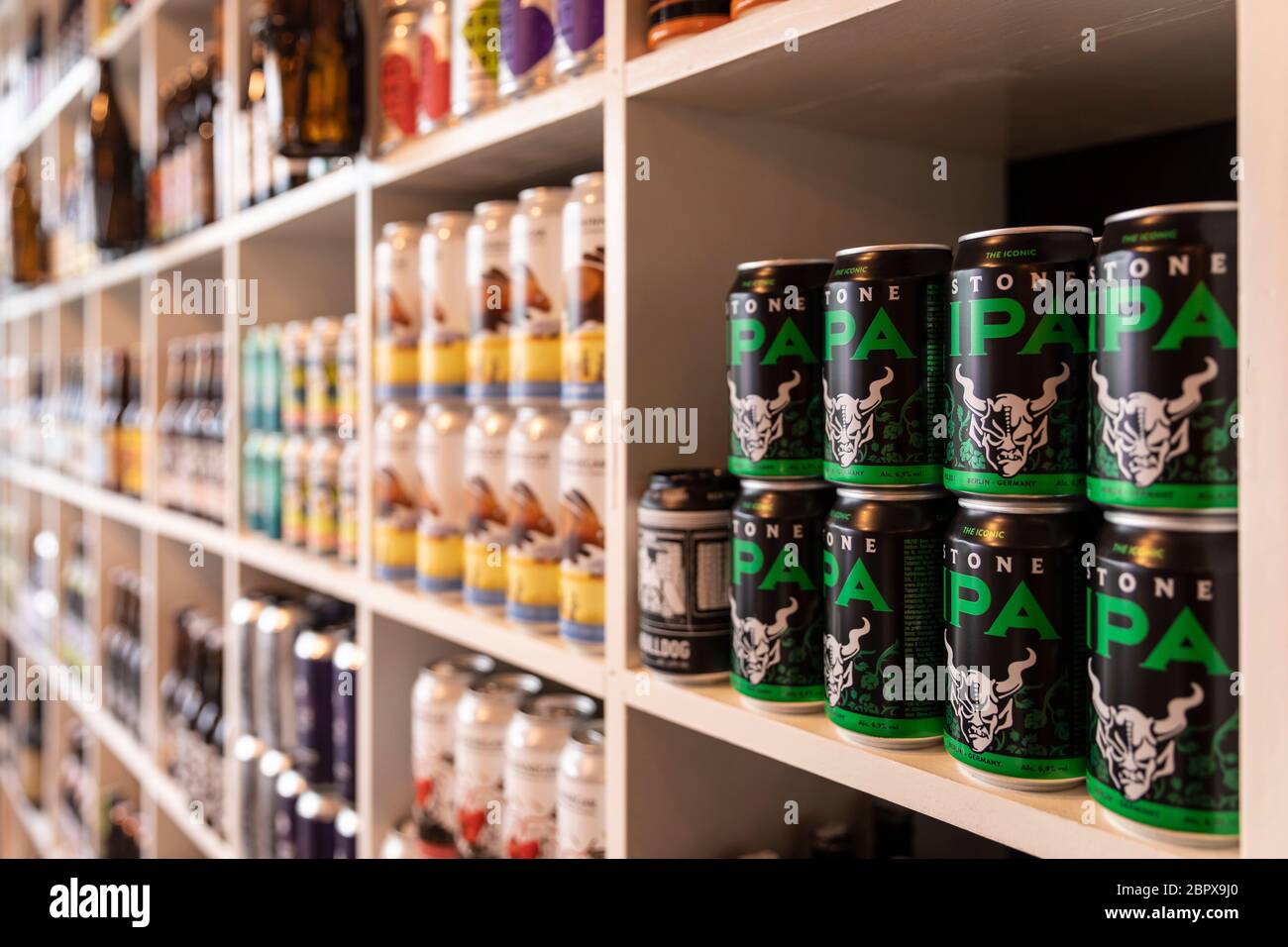 Eindhoven, The Netherlands, May 17th 2020. Shelves with canned beers in ...