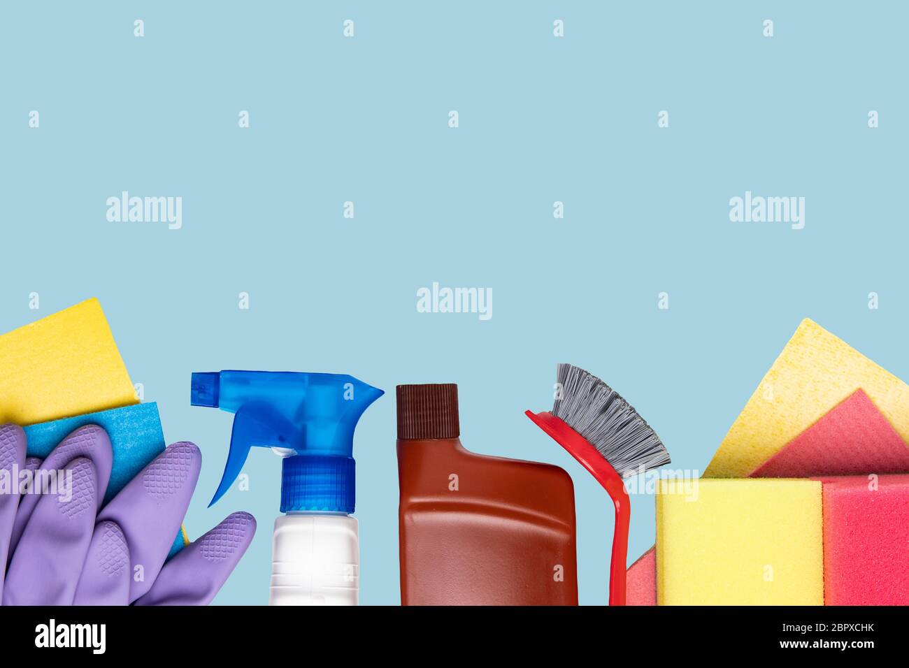Spring cleaning background. Close-up of house cleaning products and ...