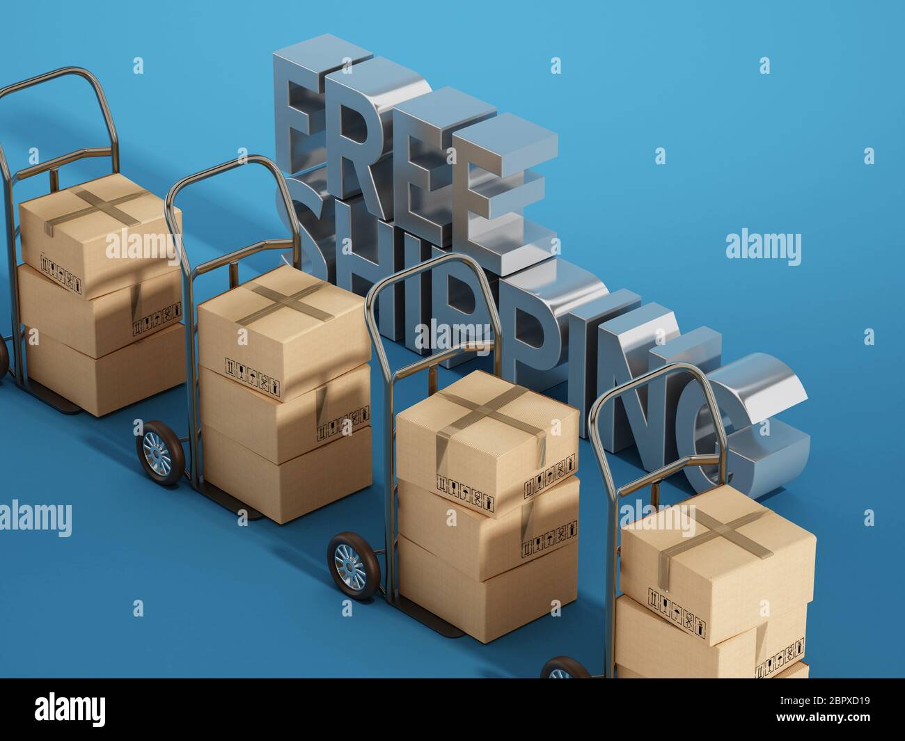 Hand transport trucks and free shipping text. 3D illustration Stock ...
