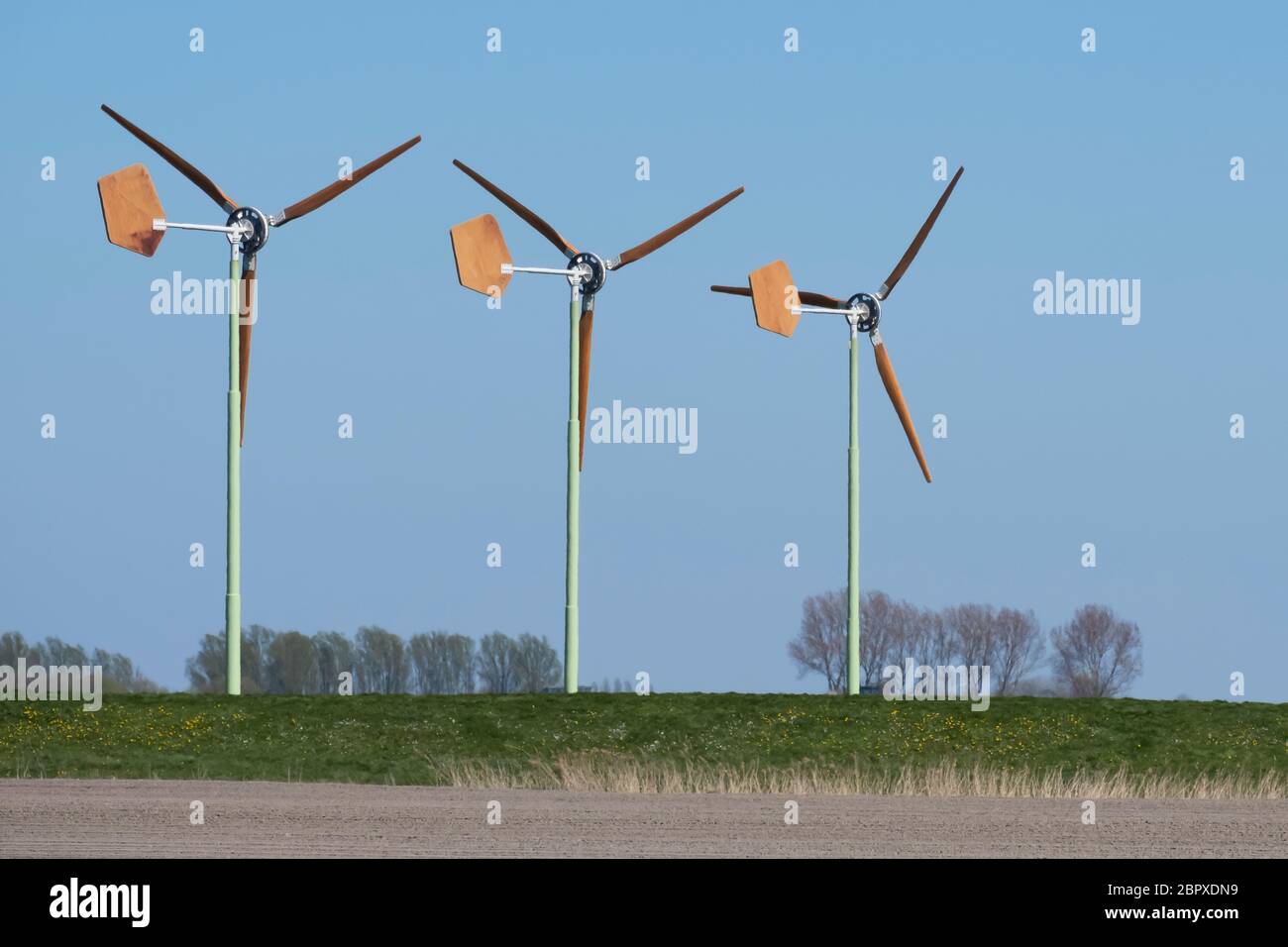Groningen, the Netherlands - April 29 2020: Small wind turbines with ...