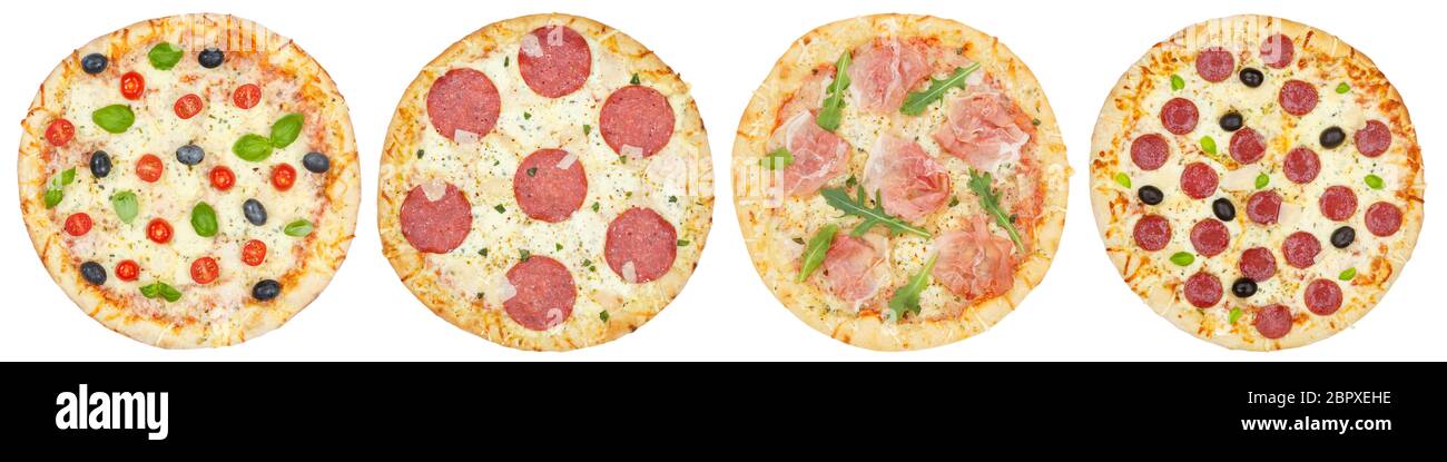 Pizza pizzas in a row collection collage from above isolated on a white ...