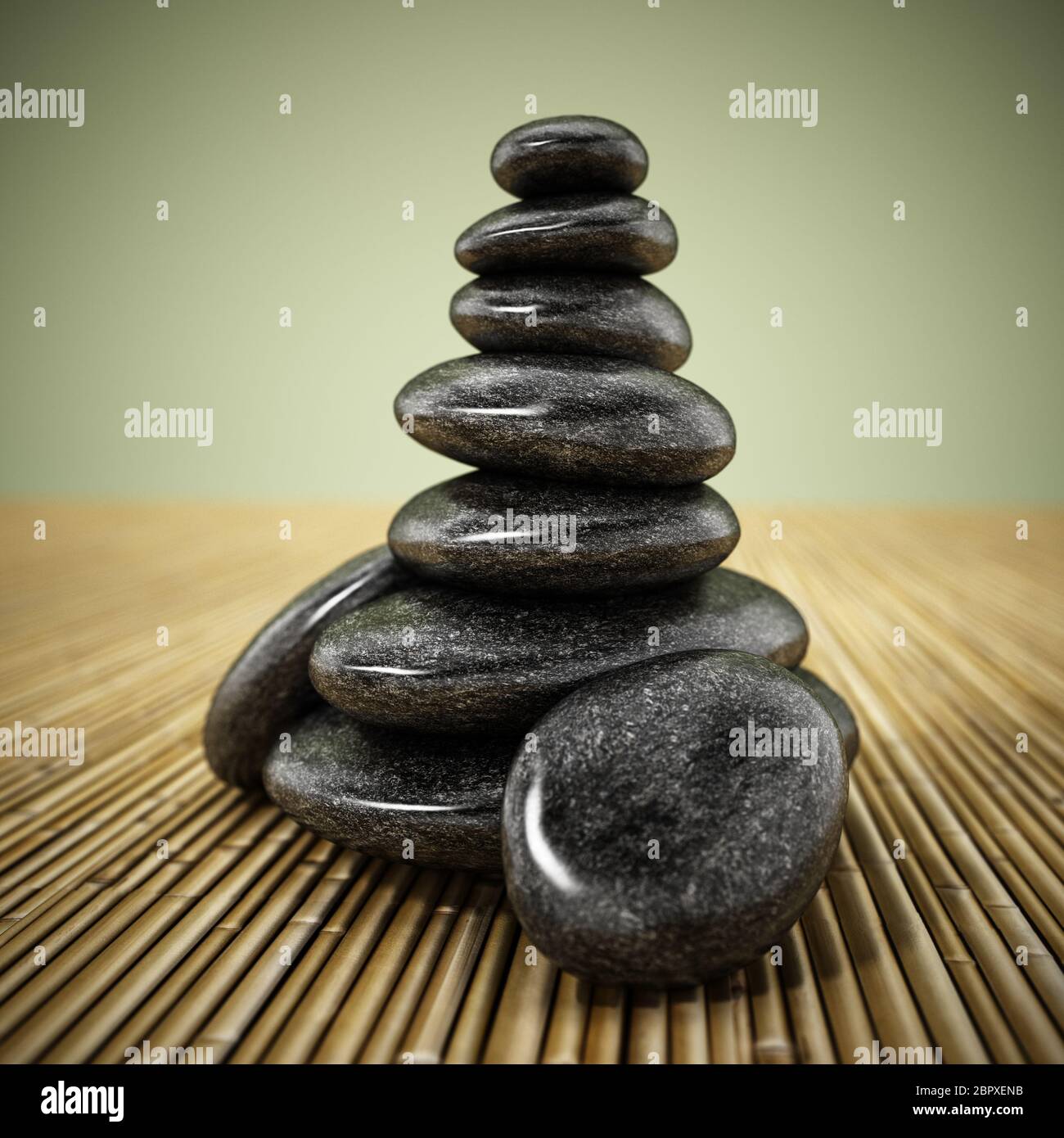 Black balancing stones standing on bamboo background. 3D illustration ...