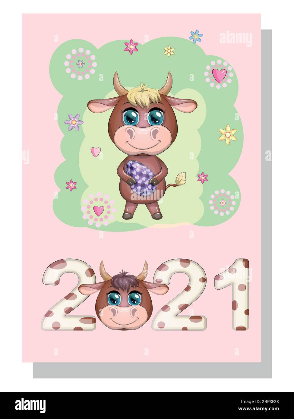 Calendar 2021. Cute bull and cow for every month Stock Vector Image ...