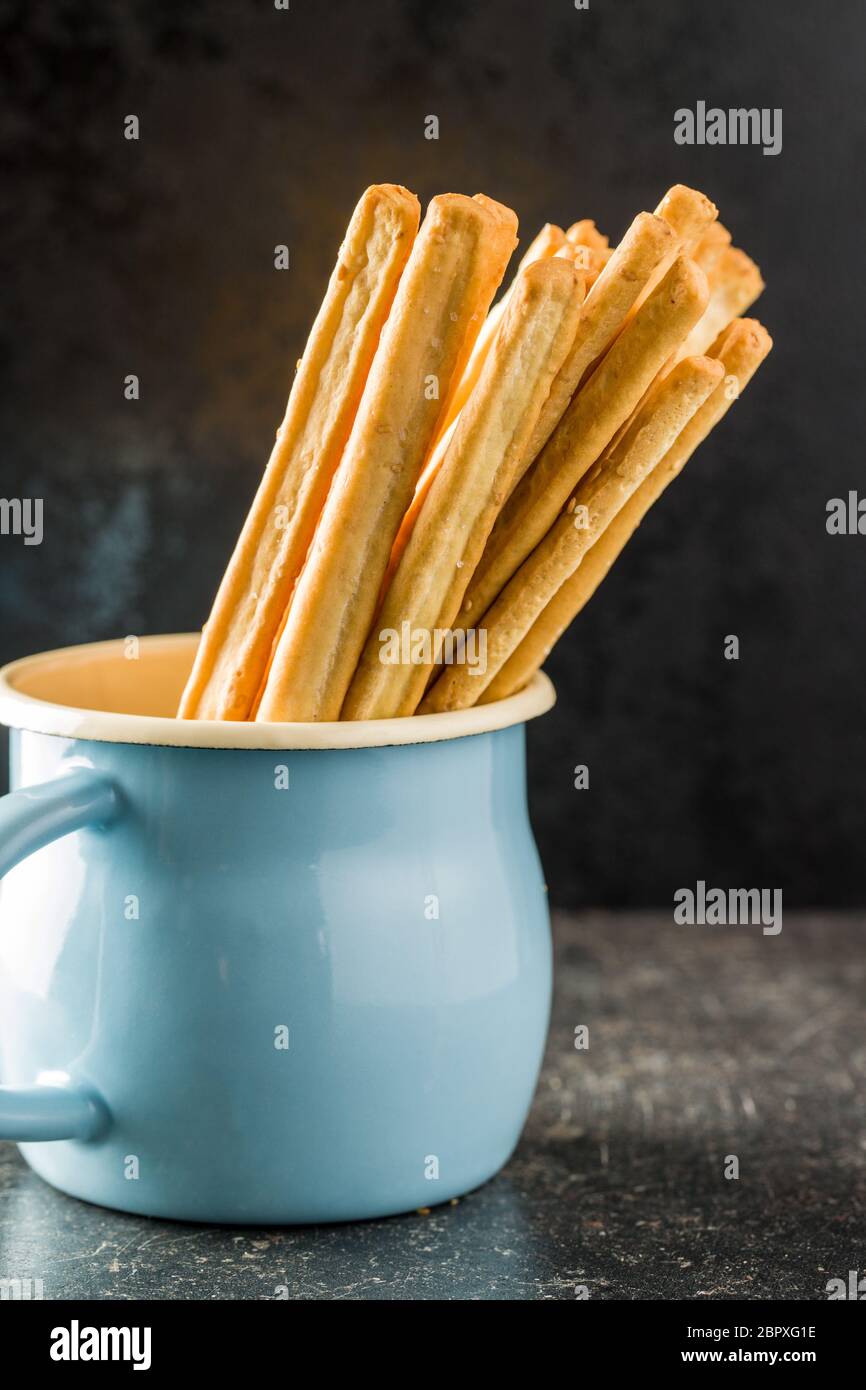 Italian grissini breadsticks. Tasty grissini snack in mug Stock Photo ...