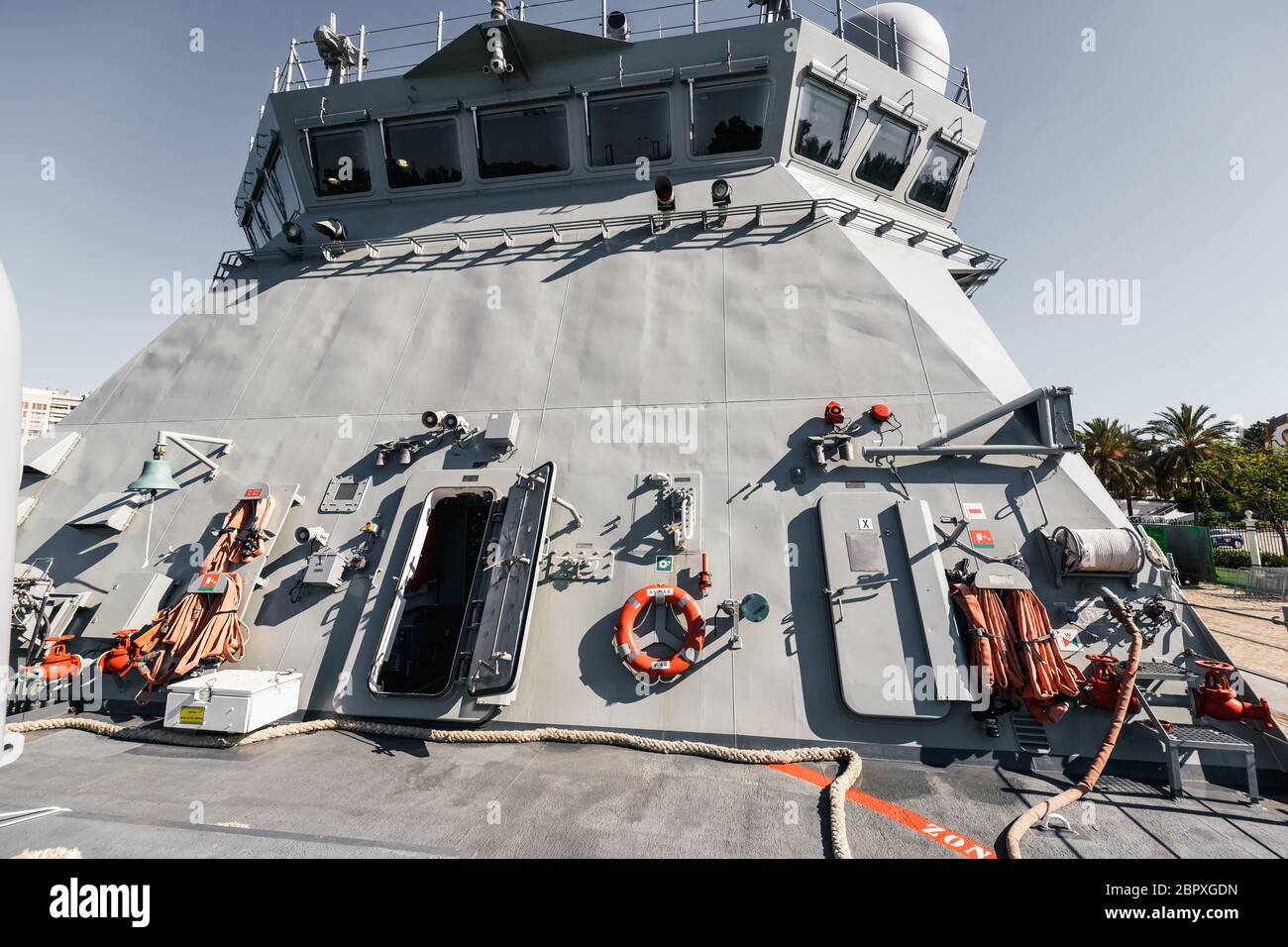 Detail of bow deck work tools in Maritime action warship Stock Photo ...