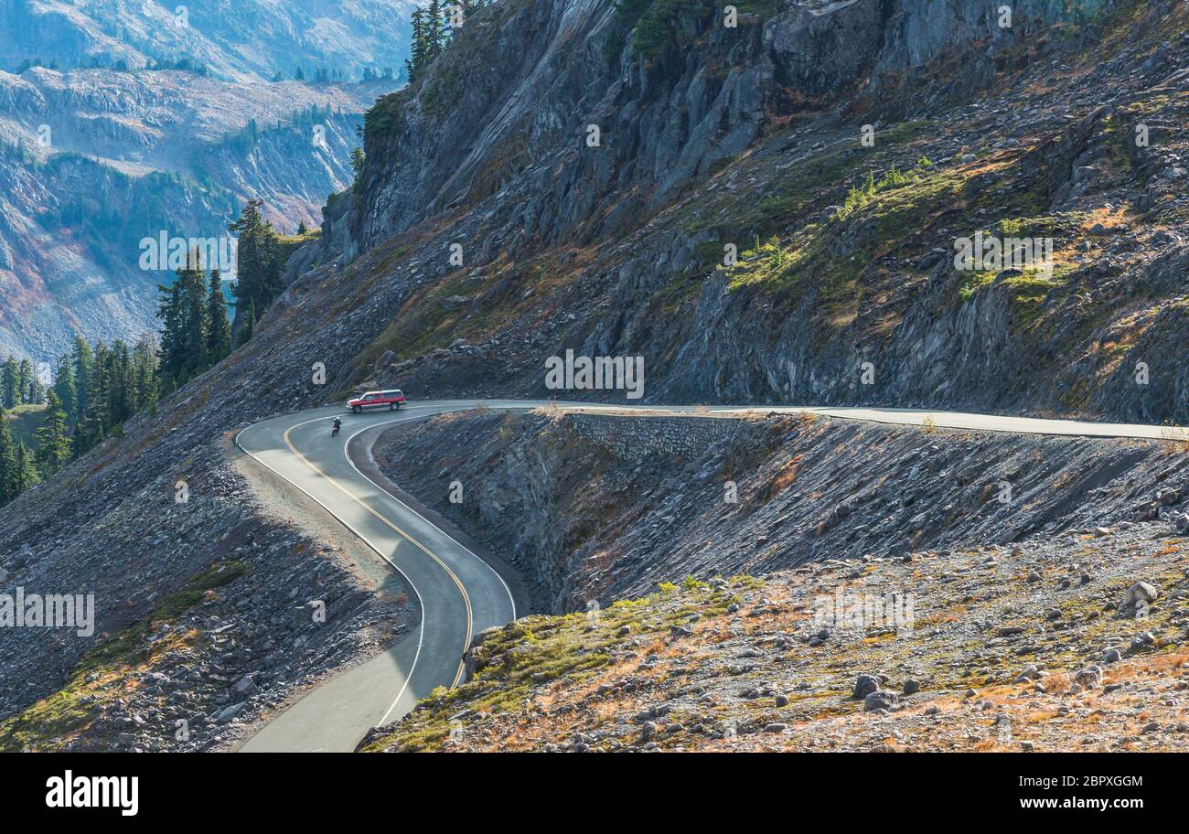 scenic view of curve and slope asphalt road on the mountain on the day ...