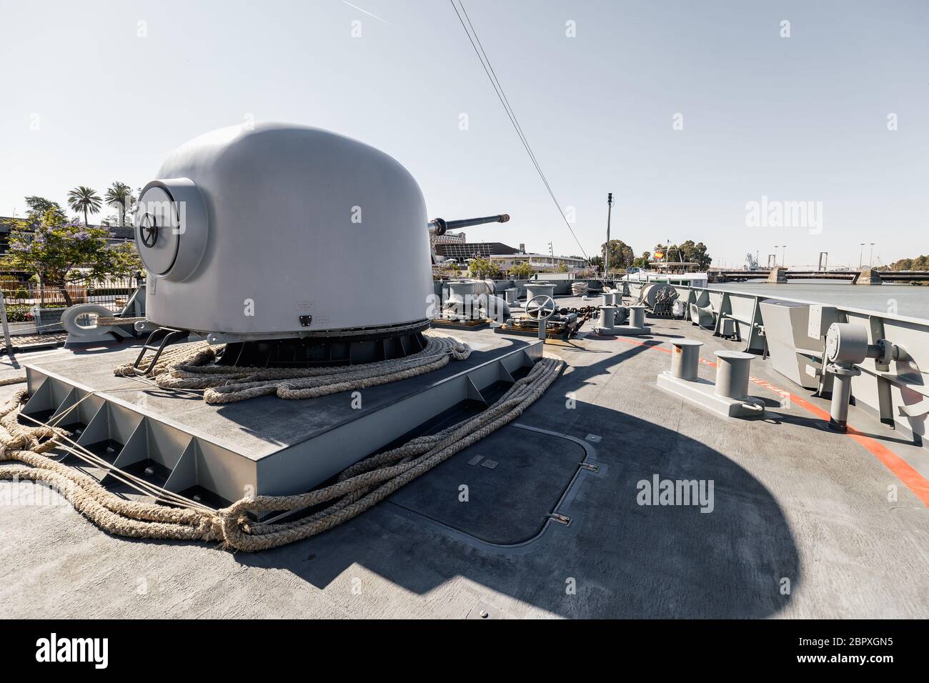 Modern naval main gun mounted on the maritime action warship use for ...