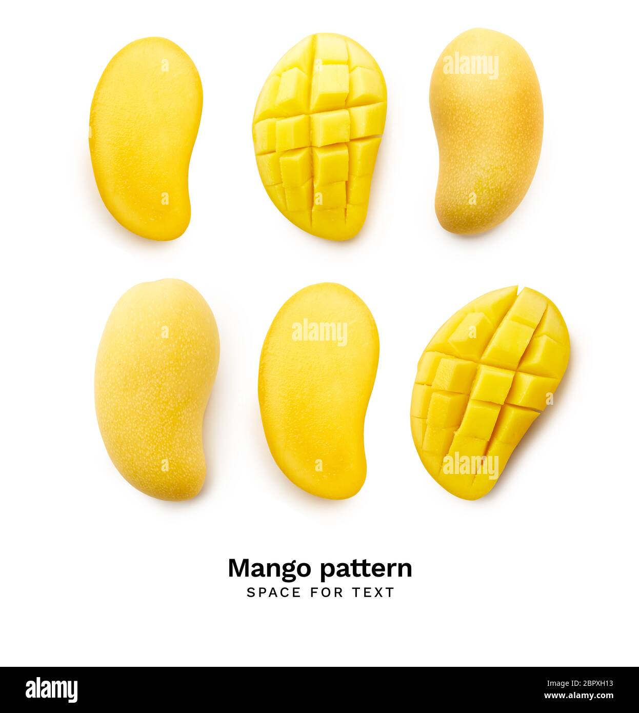 Creative layout with mango pattern isolated on white background. Top ...