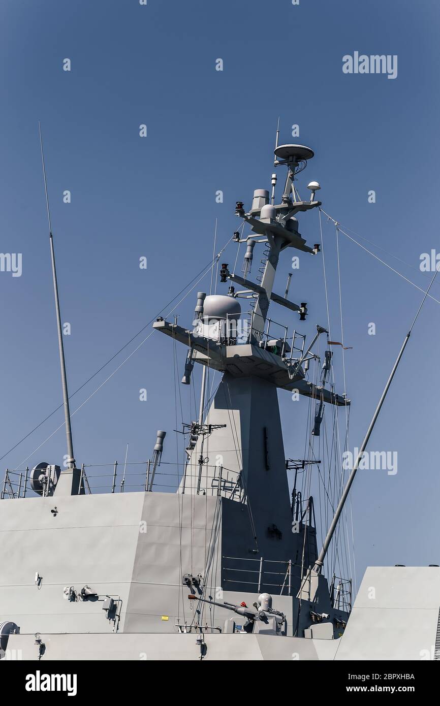 View of the main mast in a maritime action ship. Aerial and surface ...