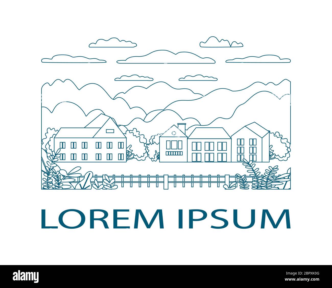 Thin line outline landscape rural farm. Symbol design village outdoor ...