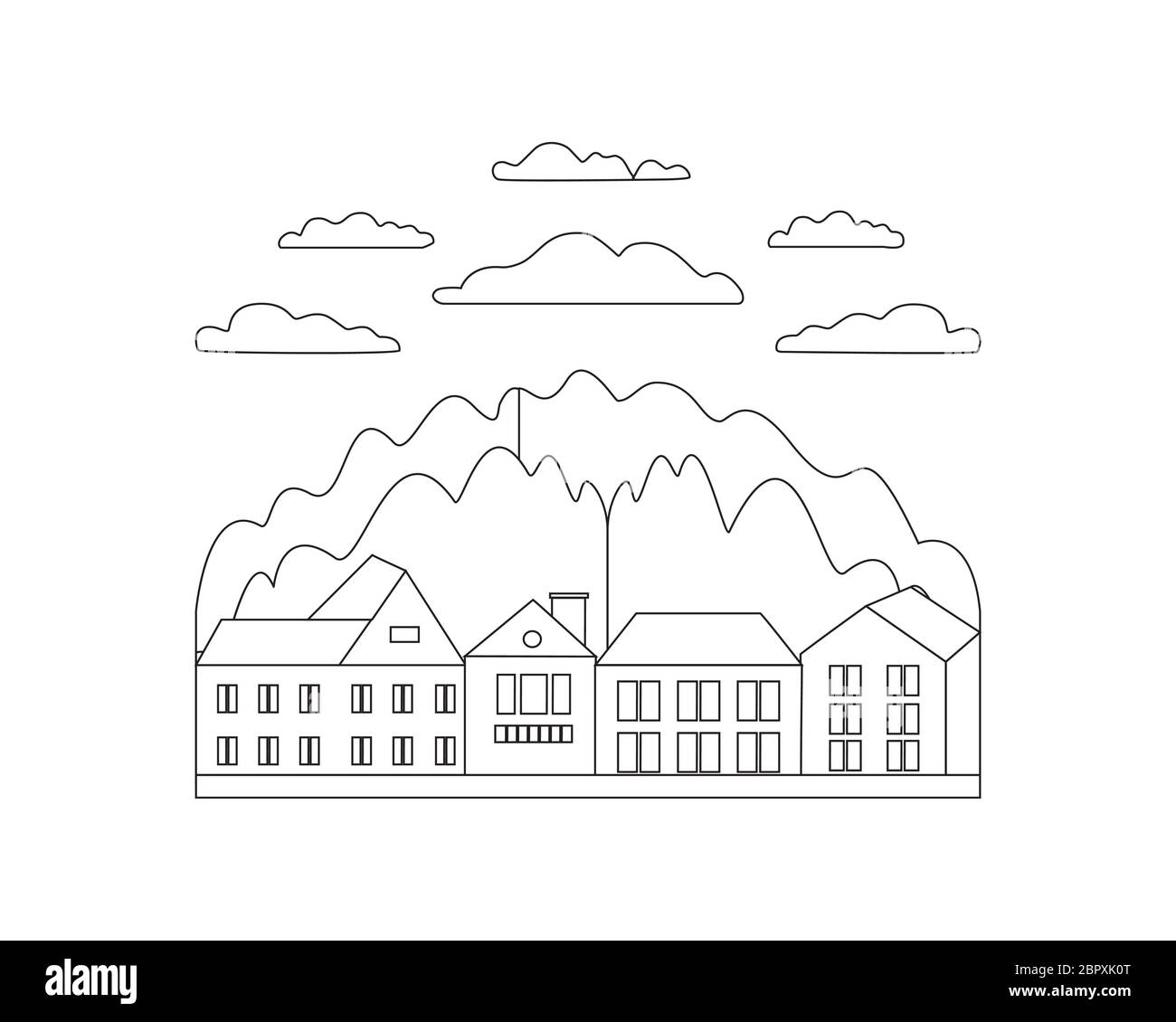 Thin line outline landscape rural farm. Symbol design village outdoor ...